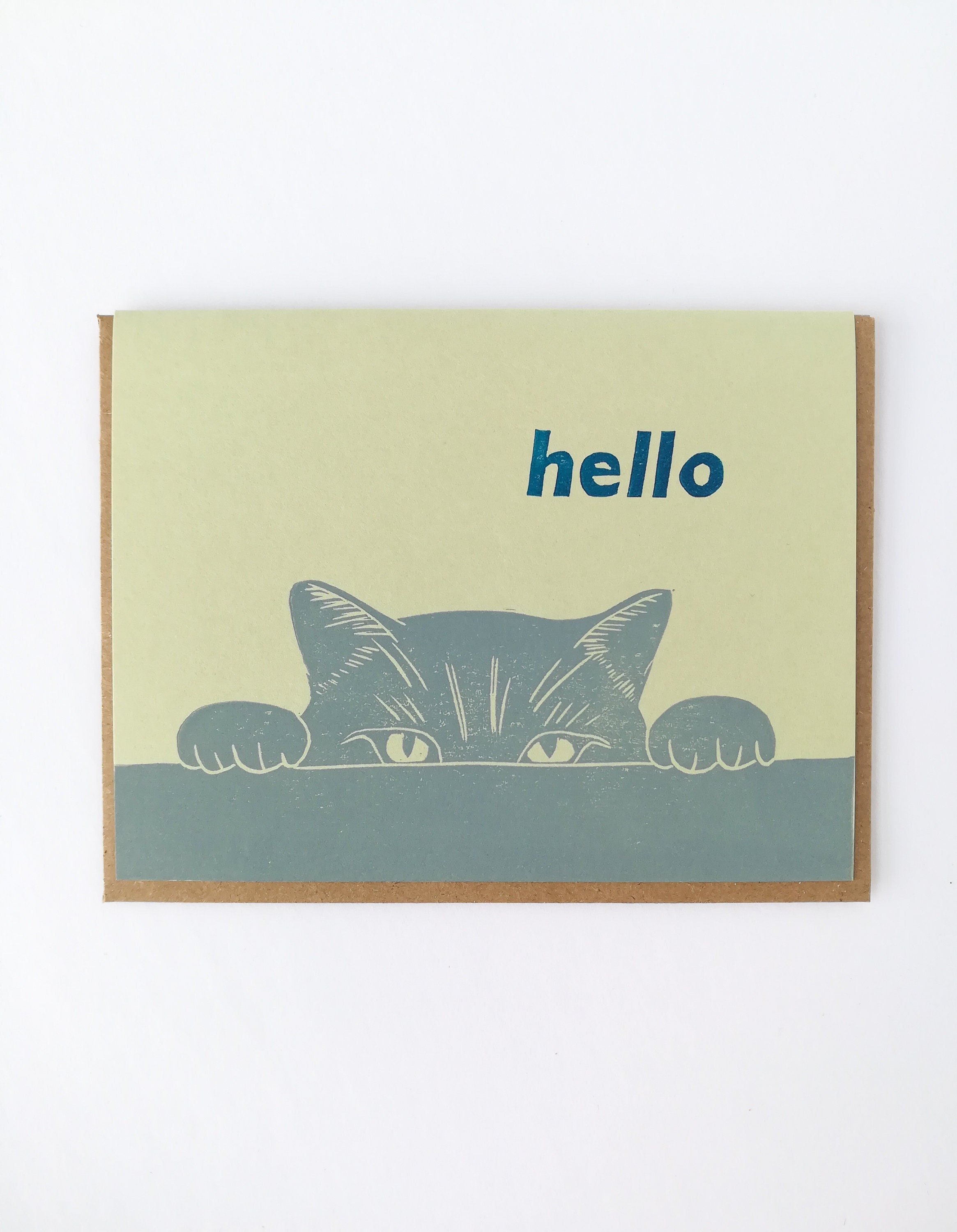 Handprinted Linocut Hello Cat Card - 100% Recycled Paper and ...