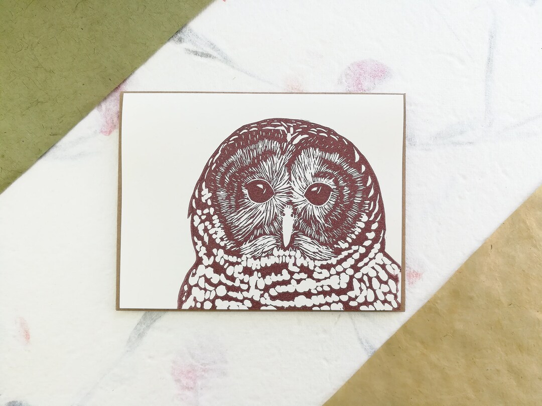 Handprinted Linocut Barred Owl Card 100% Recycled Paper and - Etsy