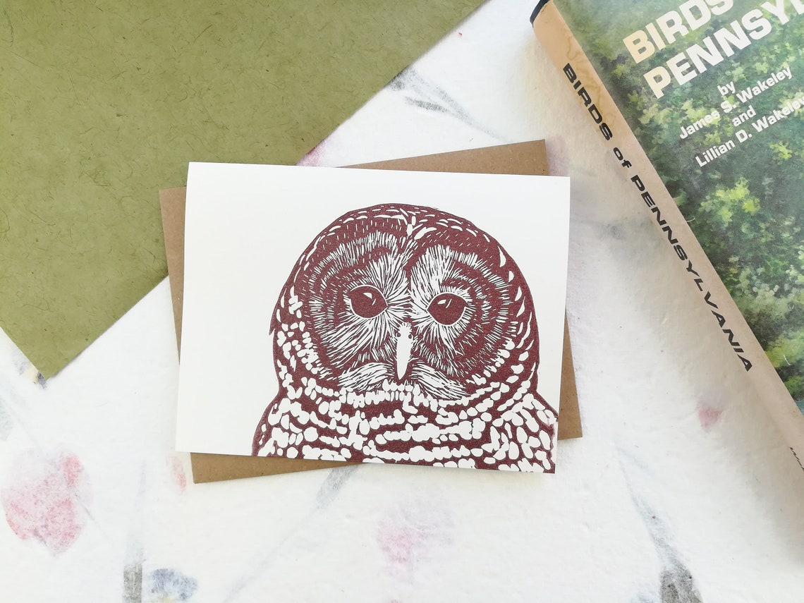 Handprinted Linocut Barred Owl Card 100% Recycled Paper and - Etsy