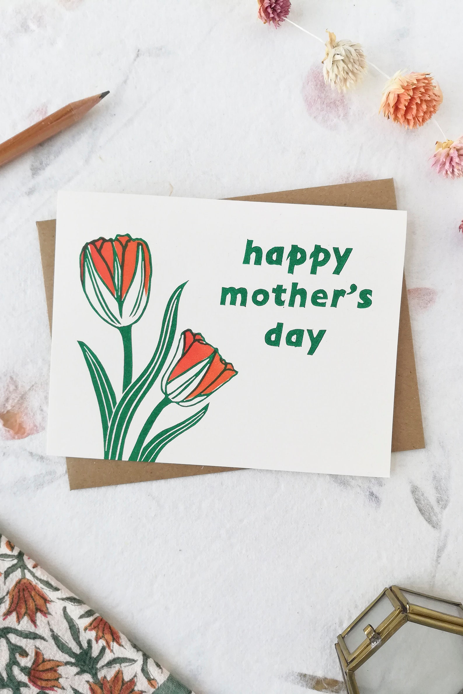 Handprinted Linocut Mother's Day Tulips Card - 100% Recycled Paper and ...
