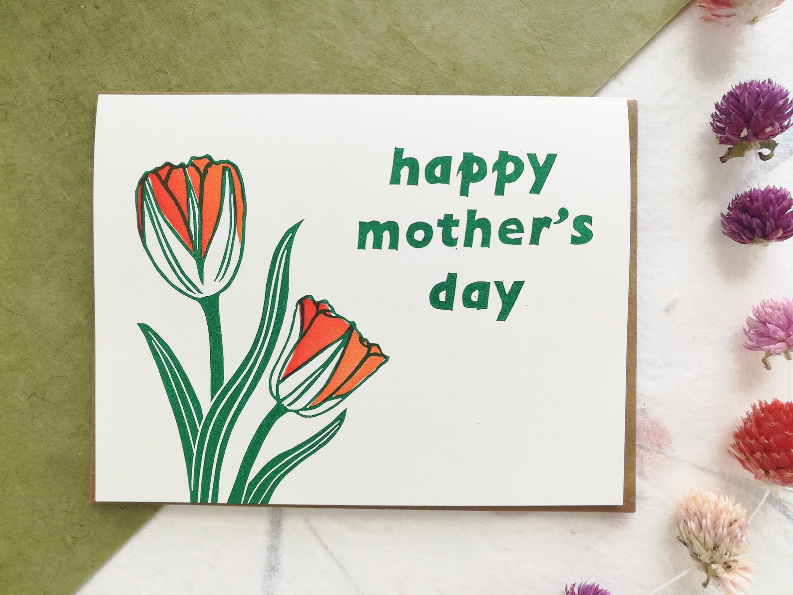 Handprinted Linocut Mother's Day Tulips Card - 100% Recycled Paper and ...