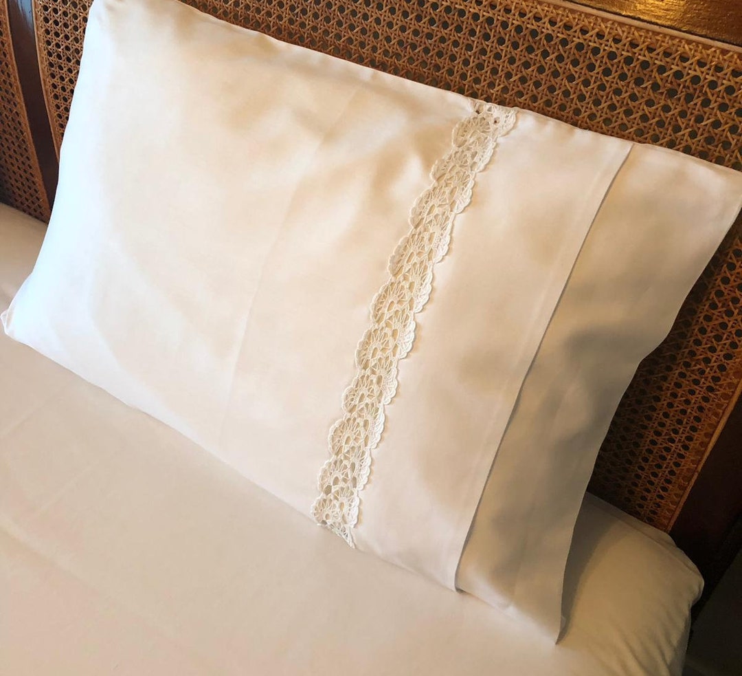 Set of 2 Handmade White Lace Cotton Satin Pillowcases - Elegant Pair of ...
