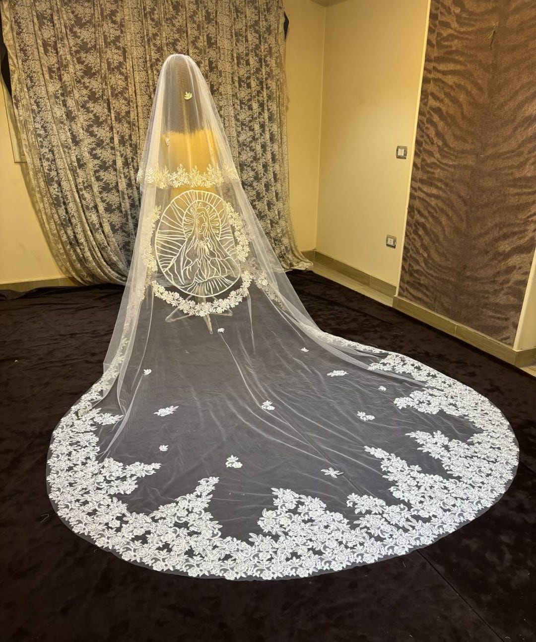 Custom Embroidered Bridal Veil: Lace Applique Edge, Virgin Mary Design ...