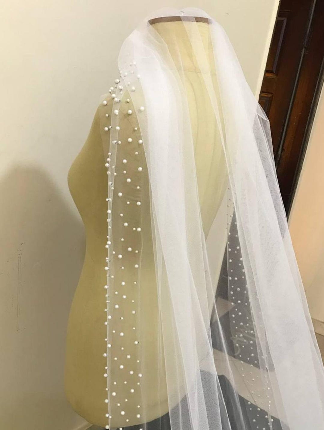 Bridal Veil Pearls Edge, Cathedral Veil Pearls Trim, Ivory Veil With 2 ...