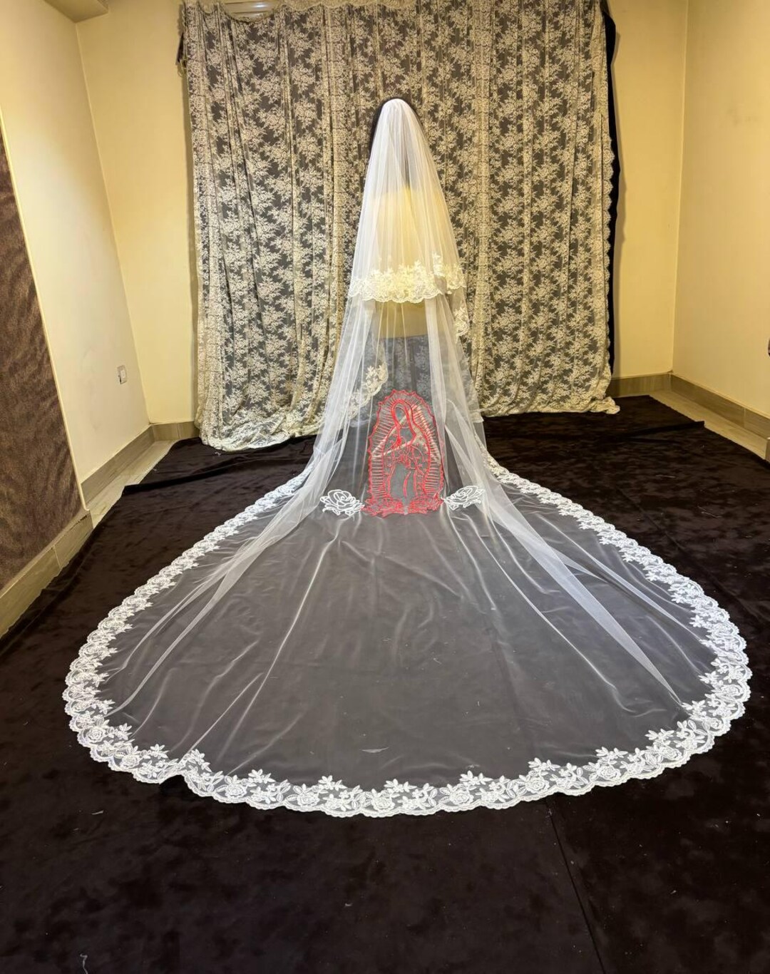 Bridal Guadalupe Veil: Embroidered Lace Edge, Custom Monogram - Etsy
