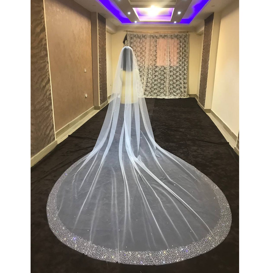 Bridal Beaded Veil, Wedding Veil With Rhinestones, Cathedral Crystals ...