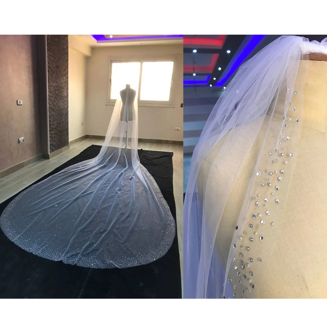 Bridal Veil Crystals, Beaded Cathedral Veil, Rhinestones Veil, White ...