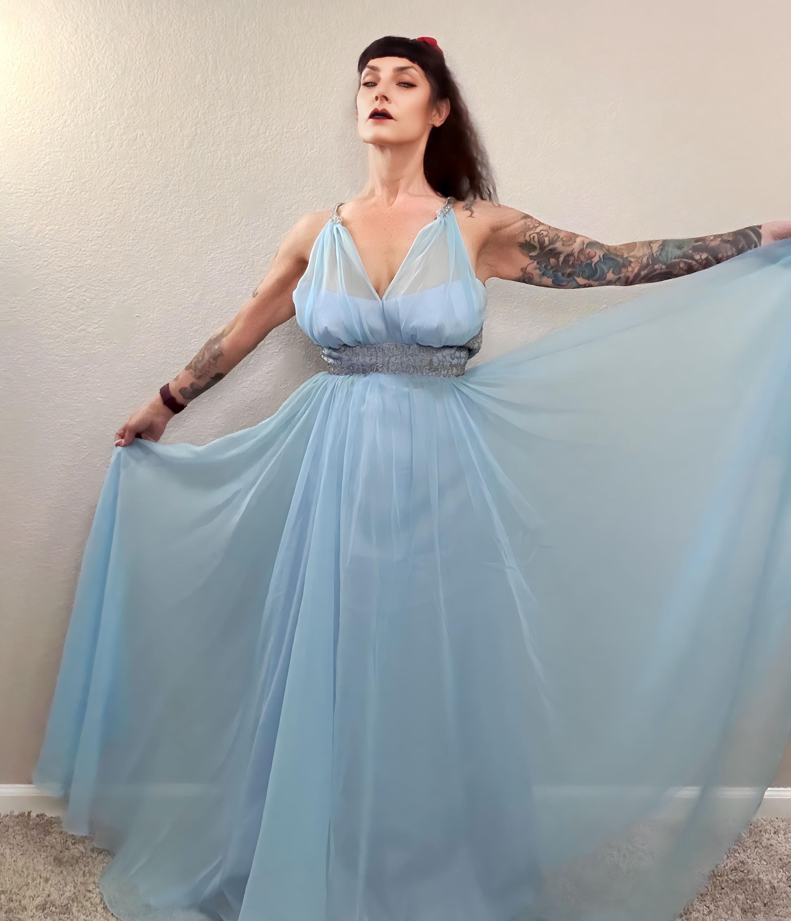 60s Ice Blue Vintage Mike Benet Chiffon & Silver Sparkle Formal Dress ...