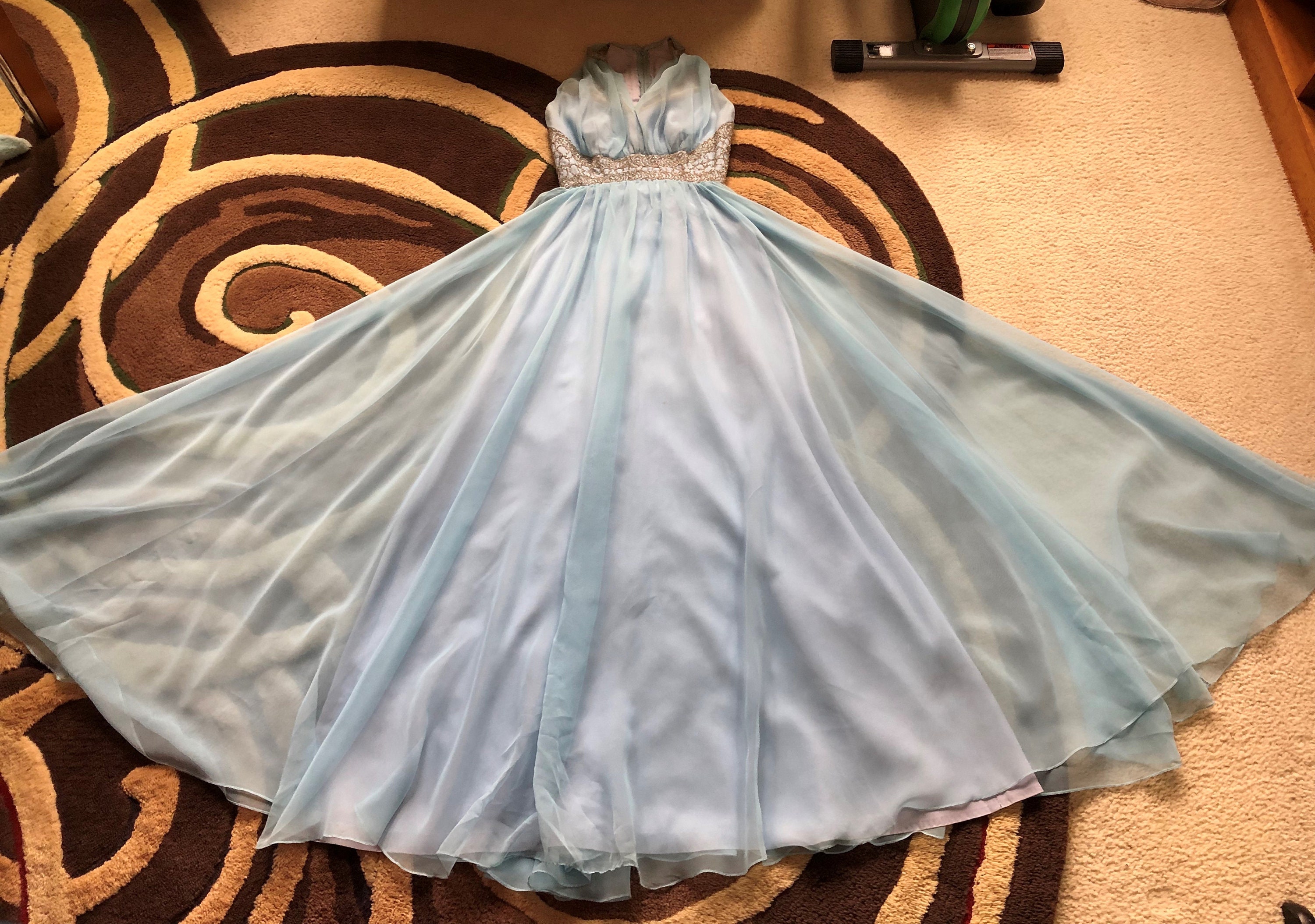 60s Ice Blue Vintage Mike Benet Chiffon & Silver Sparkle Formal Dress ...