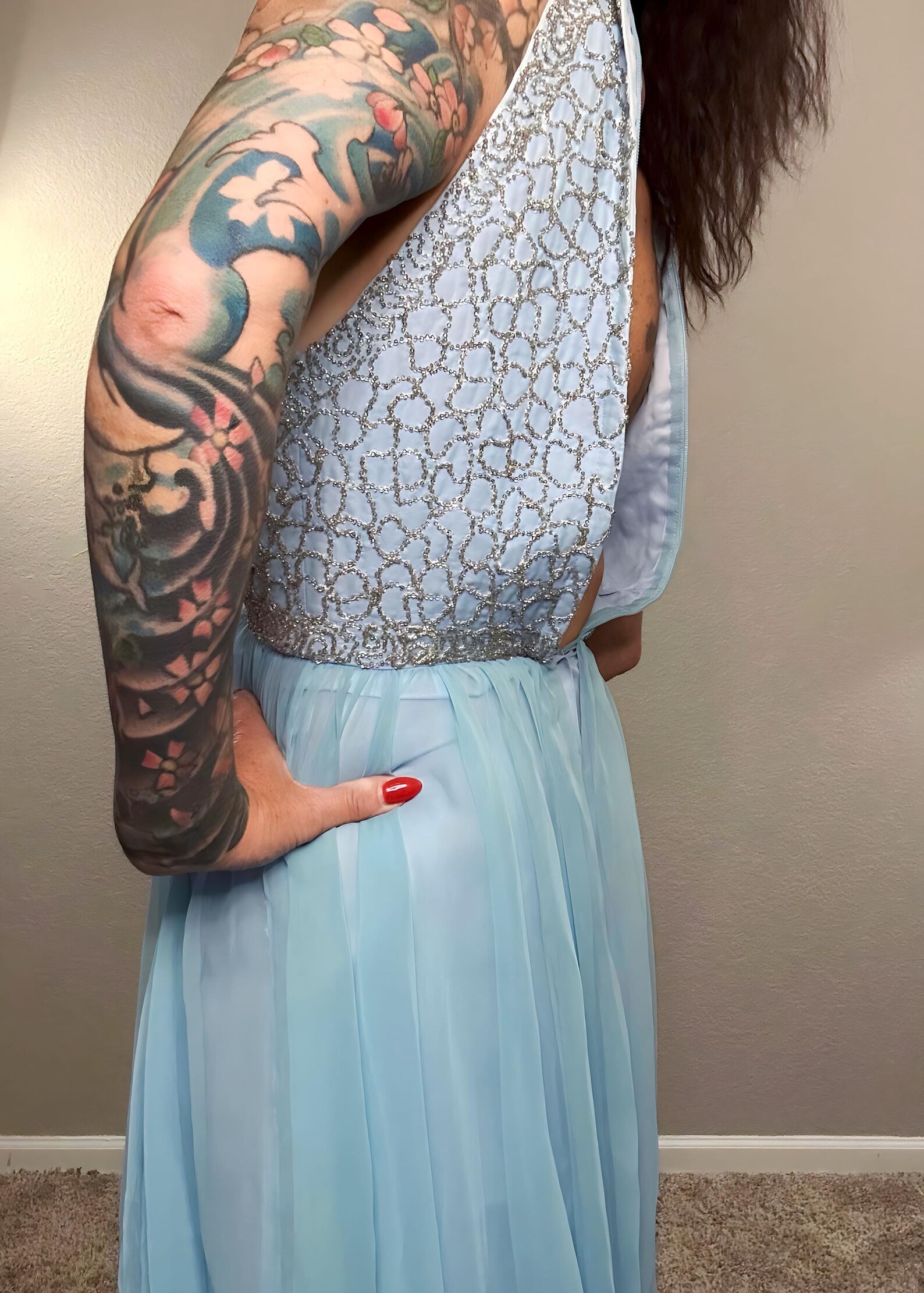 60s Ice Blue Vintage Mike Benet Chiffon & Silver Sparkle Formal Dress ...