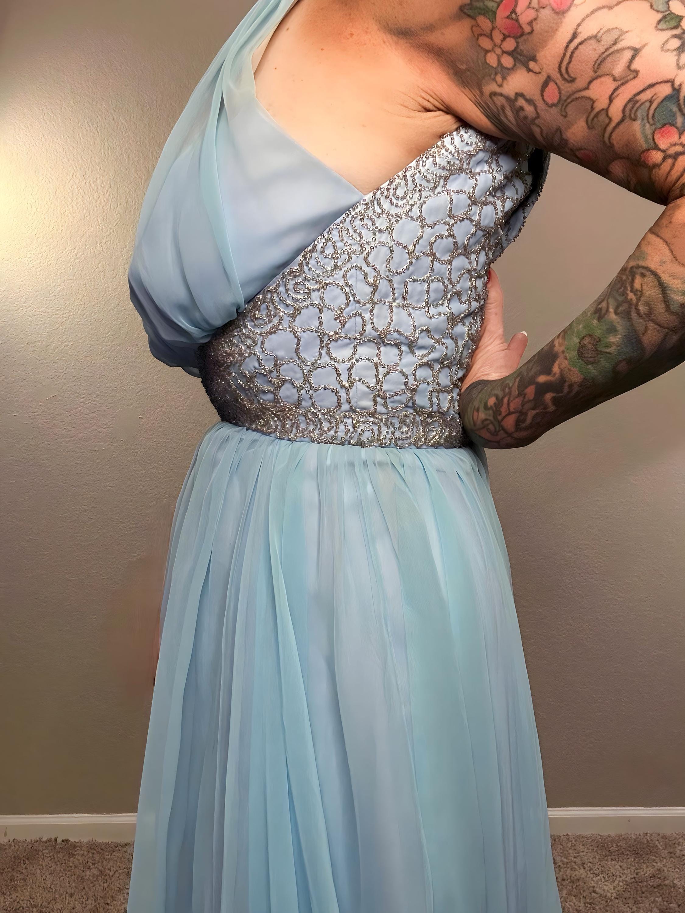 60s Ice Blue Vintage Mike Benet Chiffon & Silver Sparkle Formal Dress ...