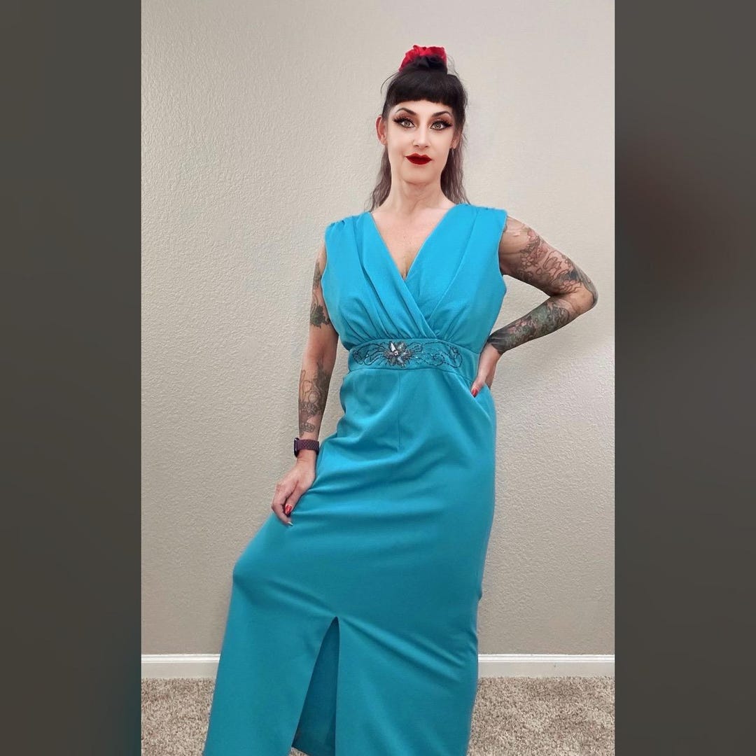 60s Robin Egg Blue Maxi Sheath Column Dress Rhinestone MCM Mod ...