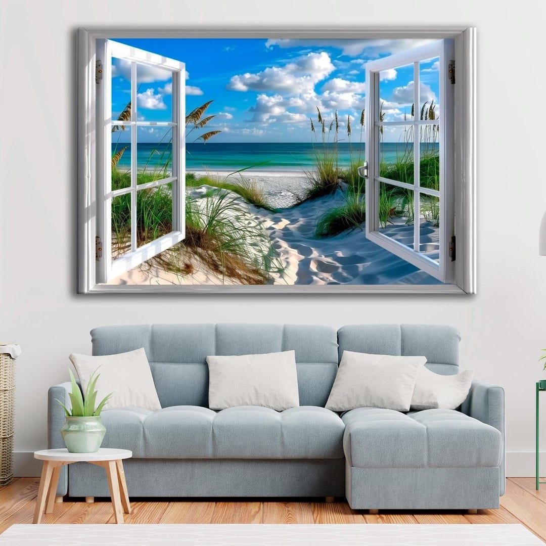 Beach Window View Canvas Wall Art Coastal Print Ocean Scenery Tropical ...