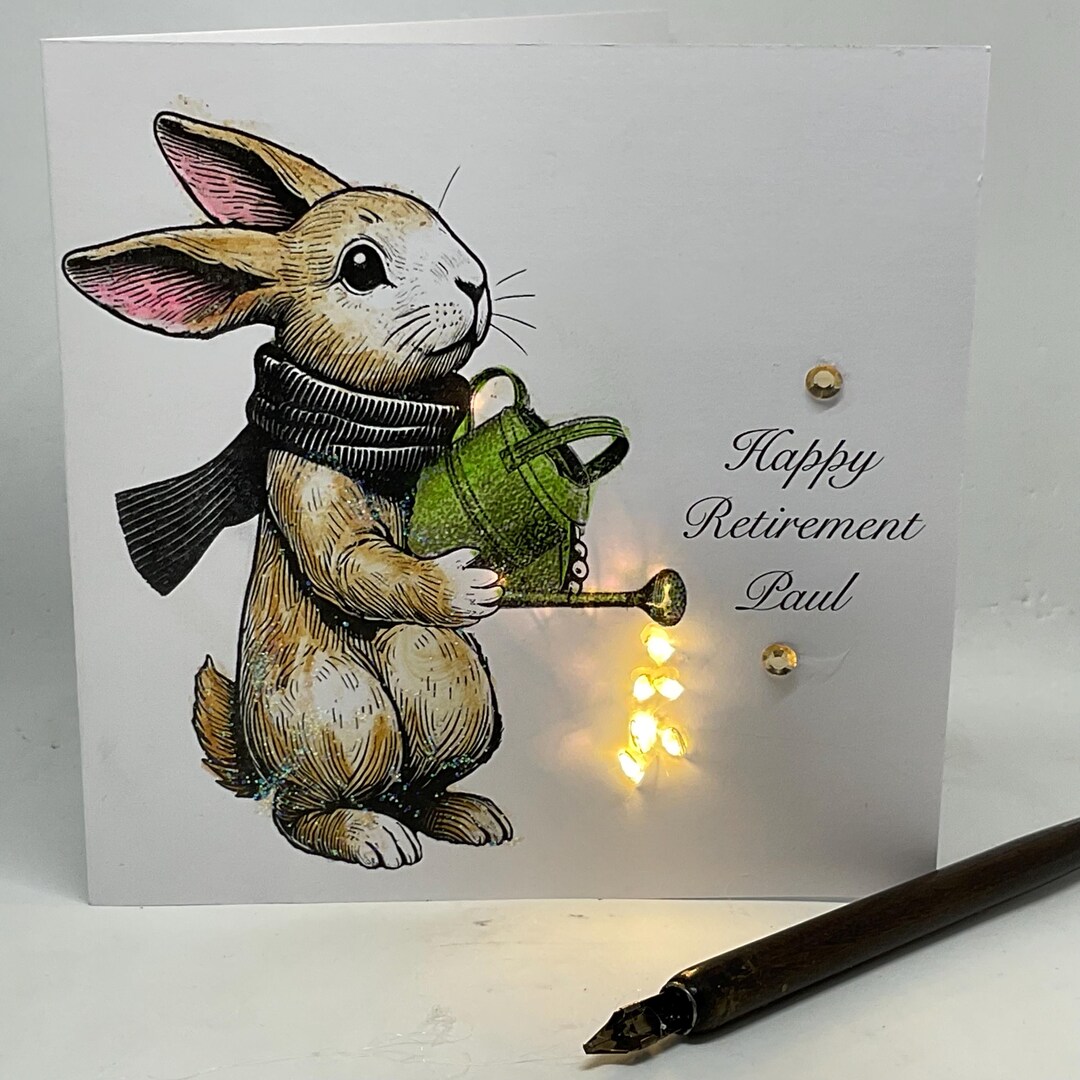 Light up Rabbit Retirement Card, Personalised, Handmade Card. Mum, Dad ...