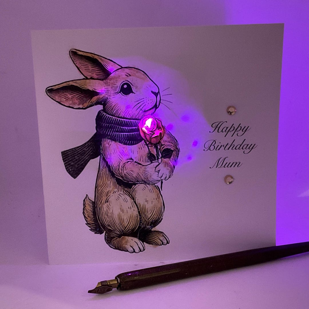 Light up Rabbit Birthday Card, Pink Rose, Personalised, Handmade Card ...