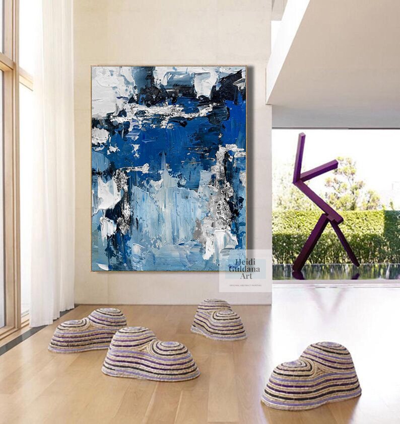 Dark Blue Painting Original Oil Painting Large Blue Wall Art Blue ...
