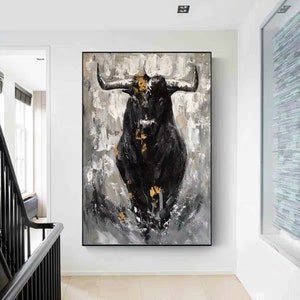 Original Bull Abstract Wall Art Bull Painting on Canvas Large Black ...