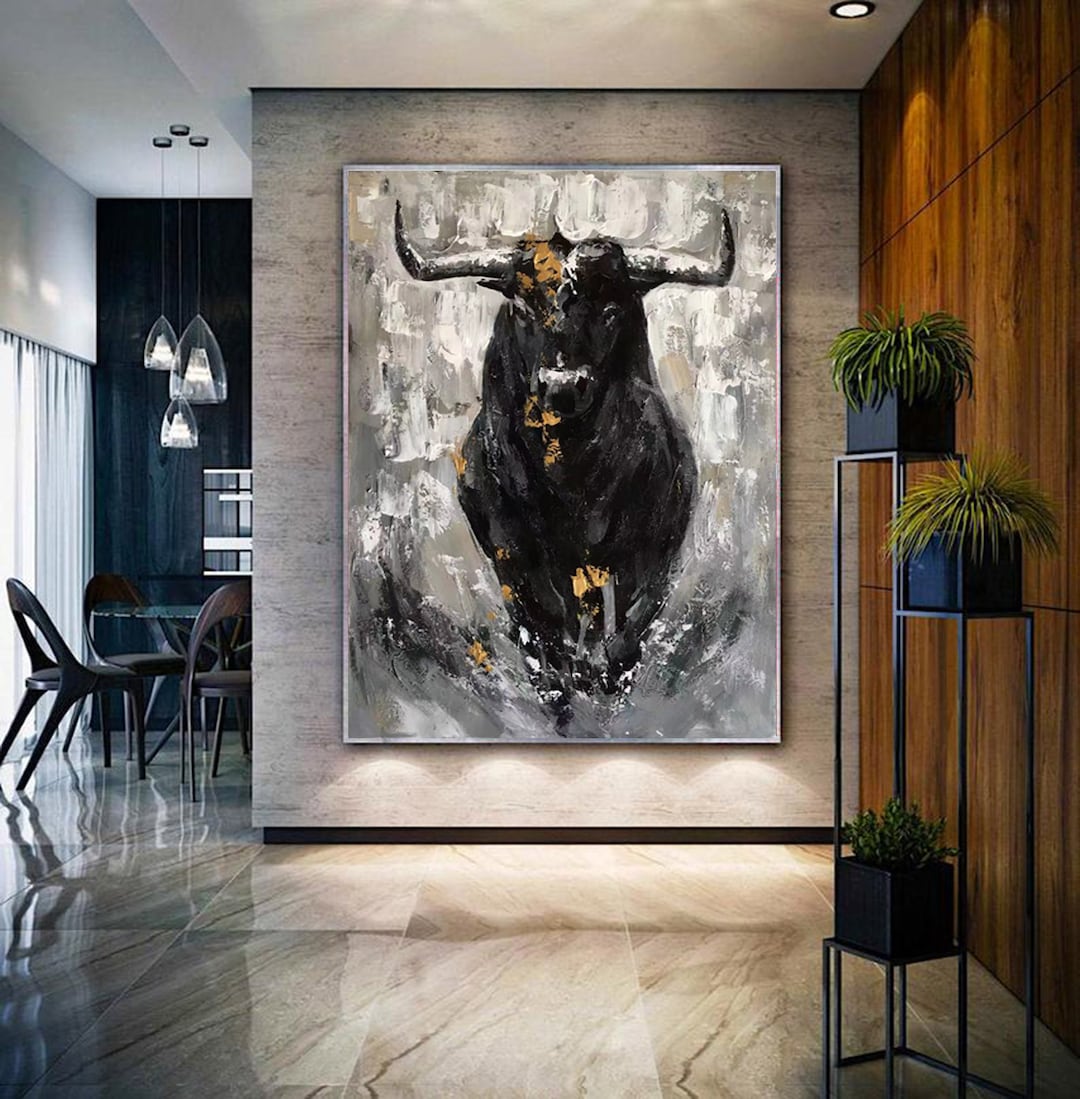 Original Bull Abstract Wall Art Bull Painting on Canvas Large Black ...