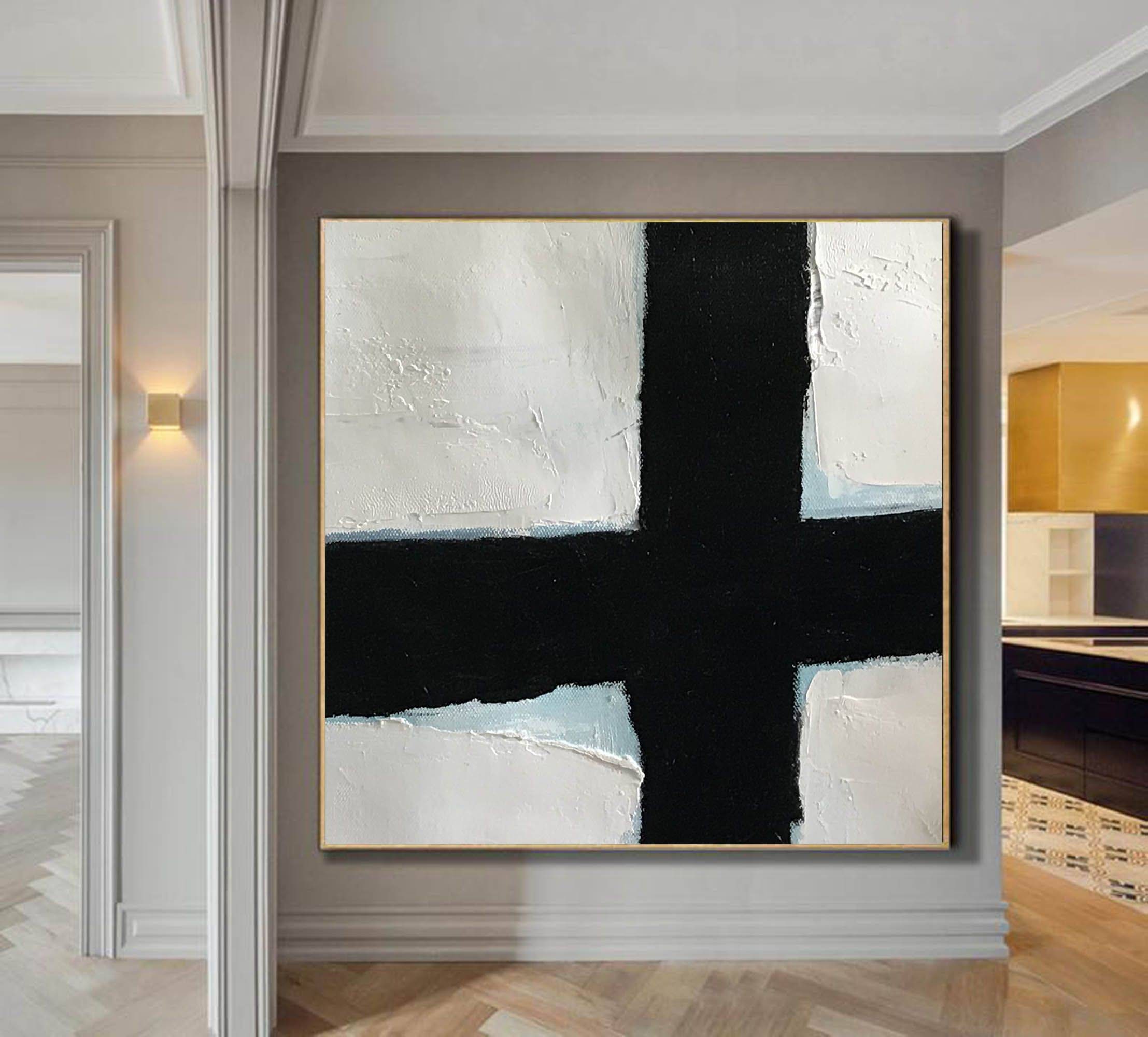 Large abstract wall art black and white painting large | Etsy