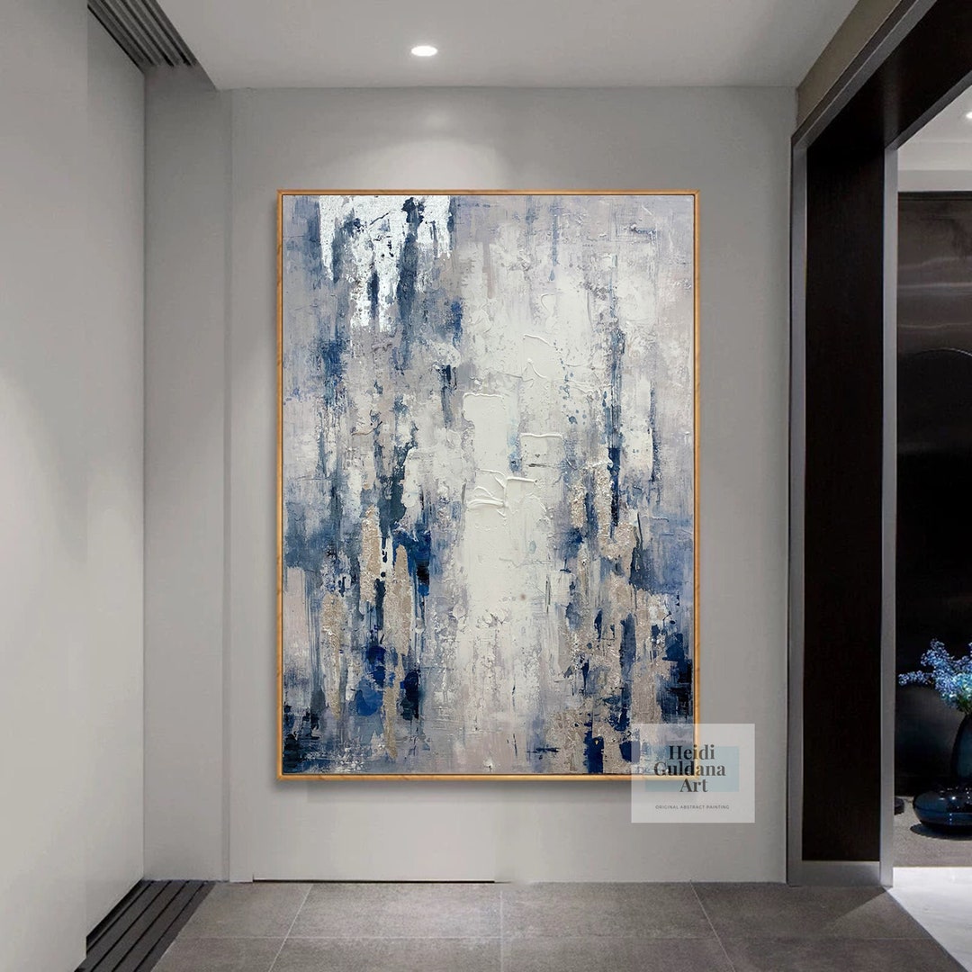 Dark Blue Painting Blue and Silver Oil Painting on Canvas Royal Blue ...