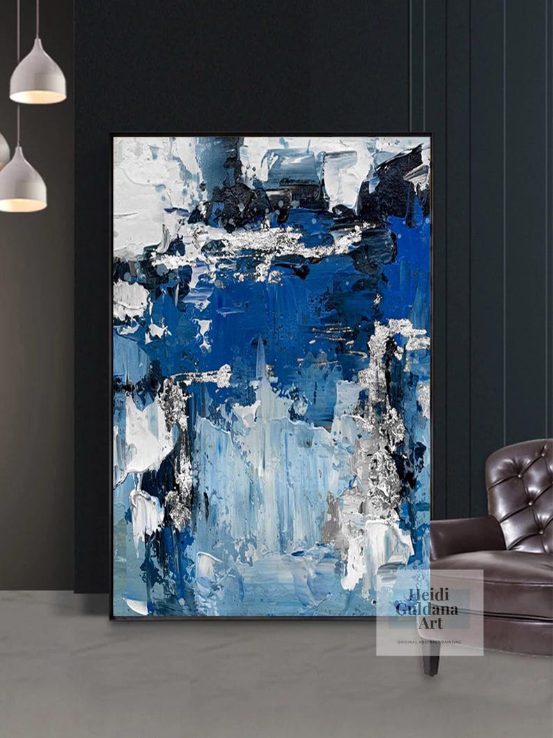 Dark Blue Painting Original Oil Painting Large Blue Wall Art Blue ...