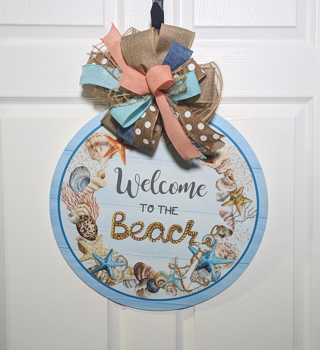 Welcome to the Beach Door Sign With a Bow, Sea Shells and Starfish Thin ...