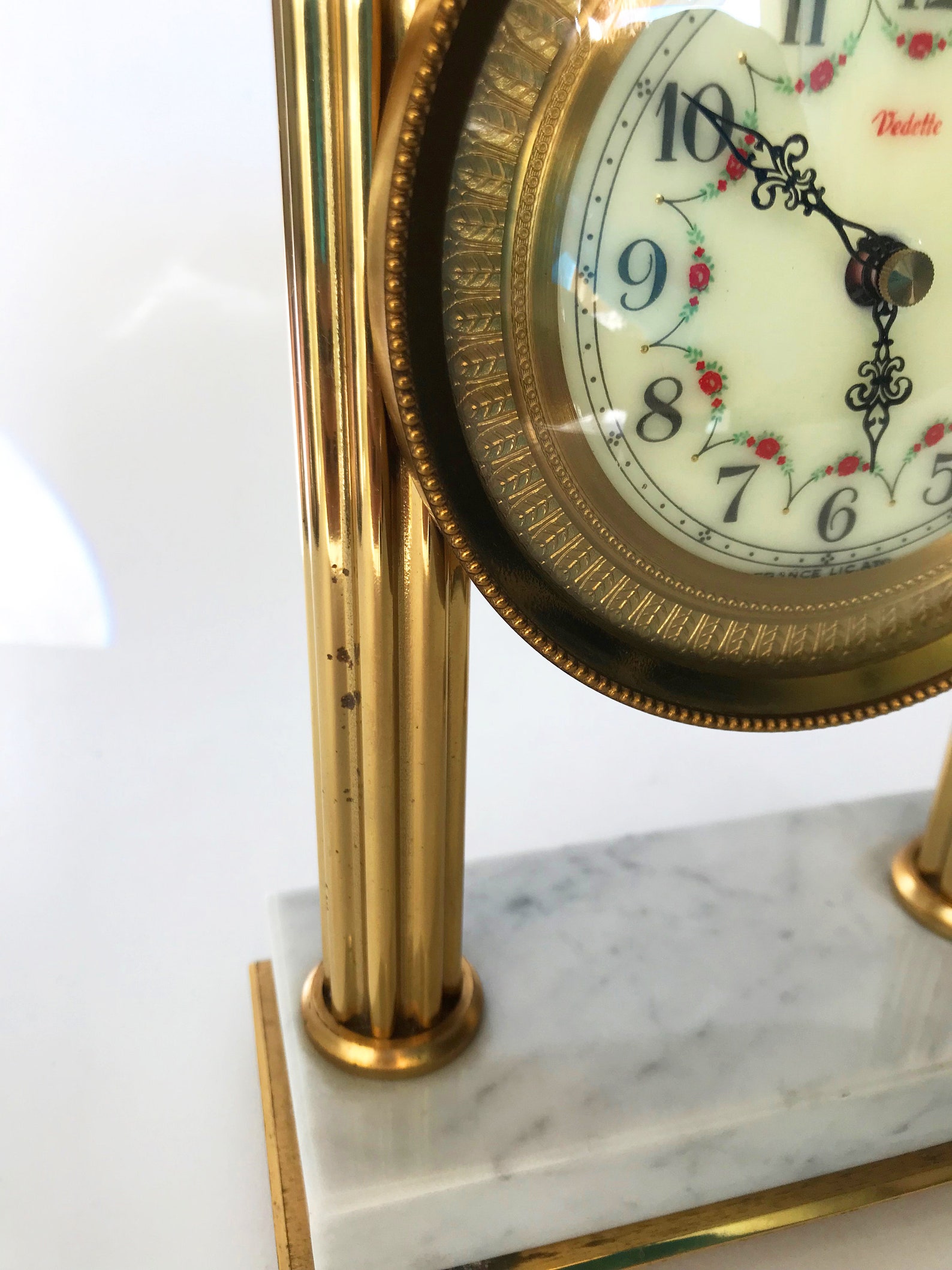 CLOCK FRENCH VEDETTE Vintage Marble Base Rare Onyx Mantel Clock Column ...