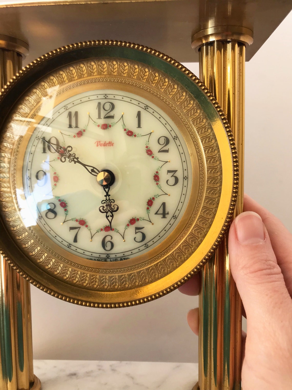 CLOCK FRENCH VEDETTE Vintage Marble Base Rare Onyx Mantel Clock Column ...