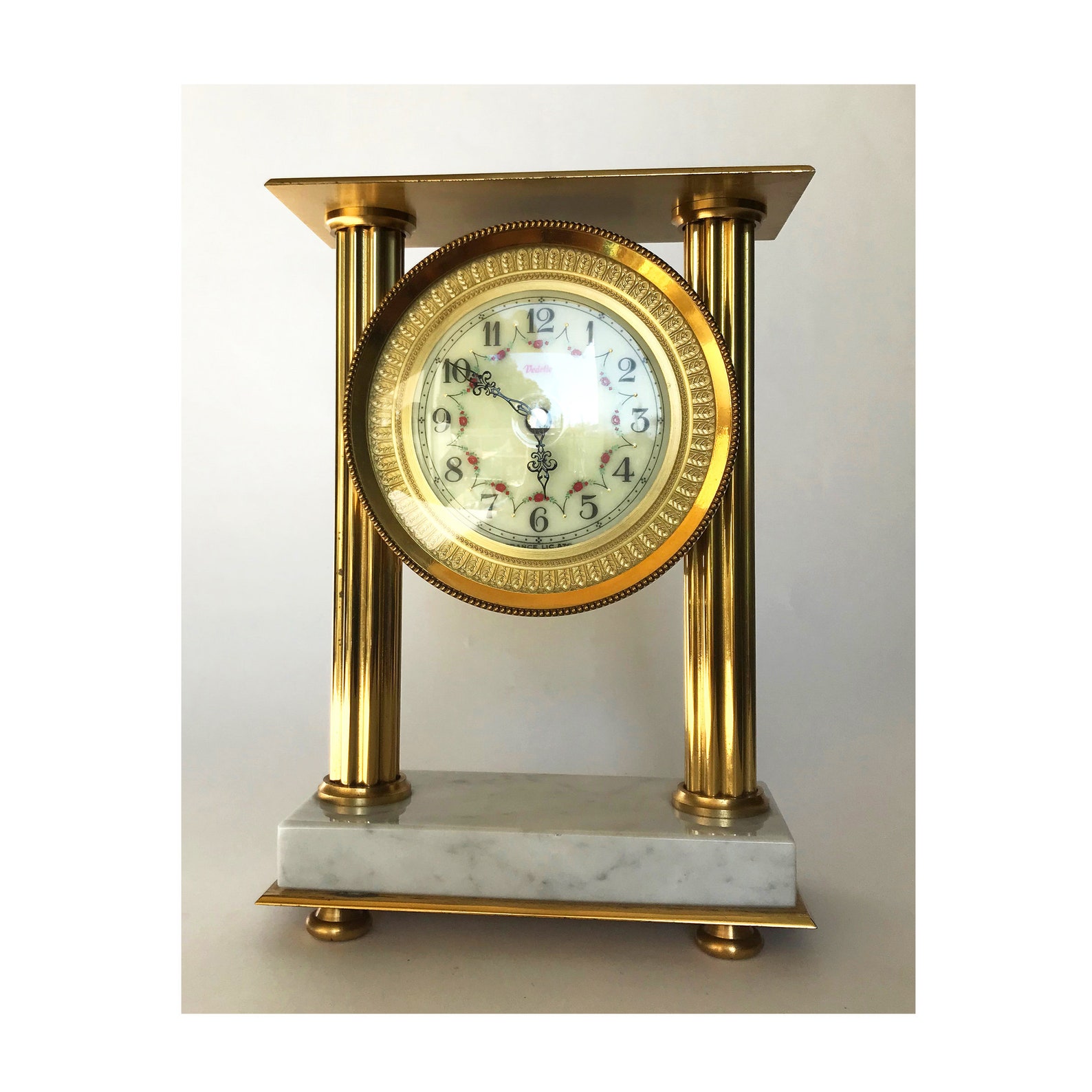 CLOCK FRENCH VEDETTE Vintage Marble Base Rare Onyx Mantel Clock Column ...