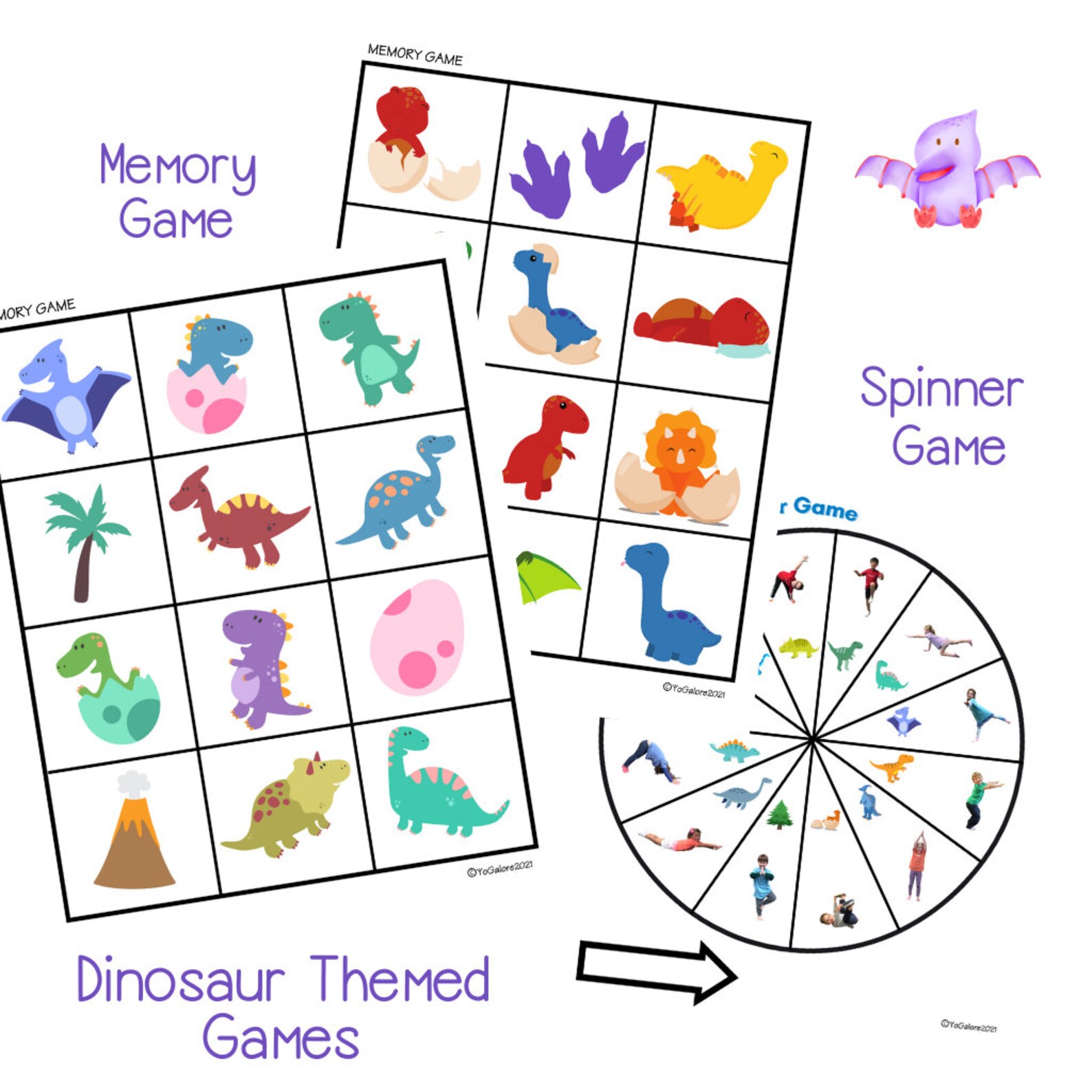 Dinosaur Theme Bundle: Dinosaur Yoga, Memory and Spinner Game With Fun ...
