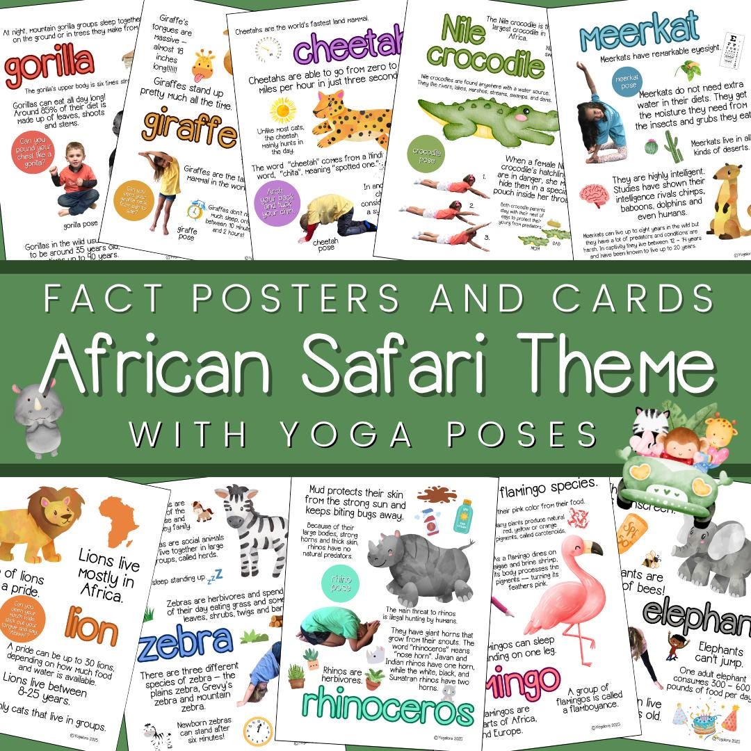 Safari Animal Yoga Fact Posters & Cards | Preschool and Kindergarten ...