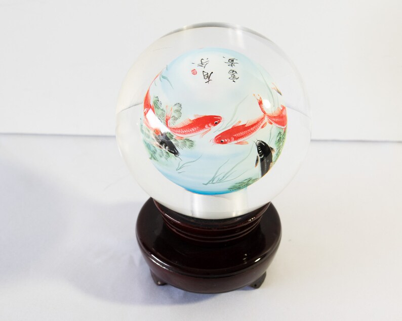 Chinese Reverse Painted Paperweight Orb With Koi Fish & Rotating Wood ...