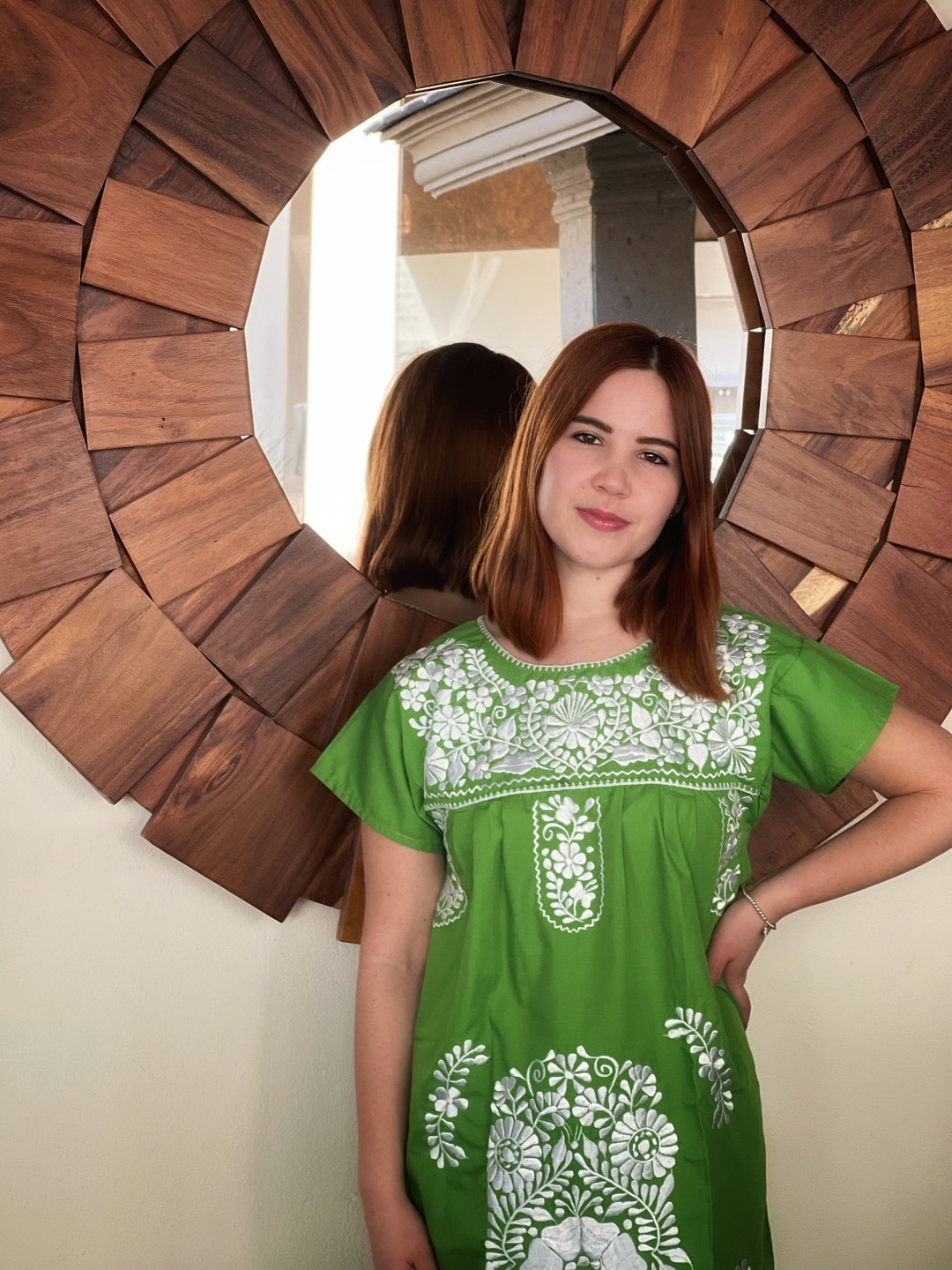 Mexican Green Dress Embroidered in White - From Mexico Spanish ...
