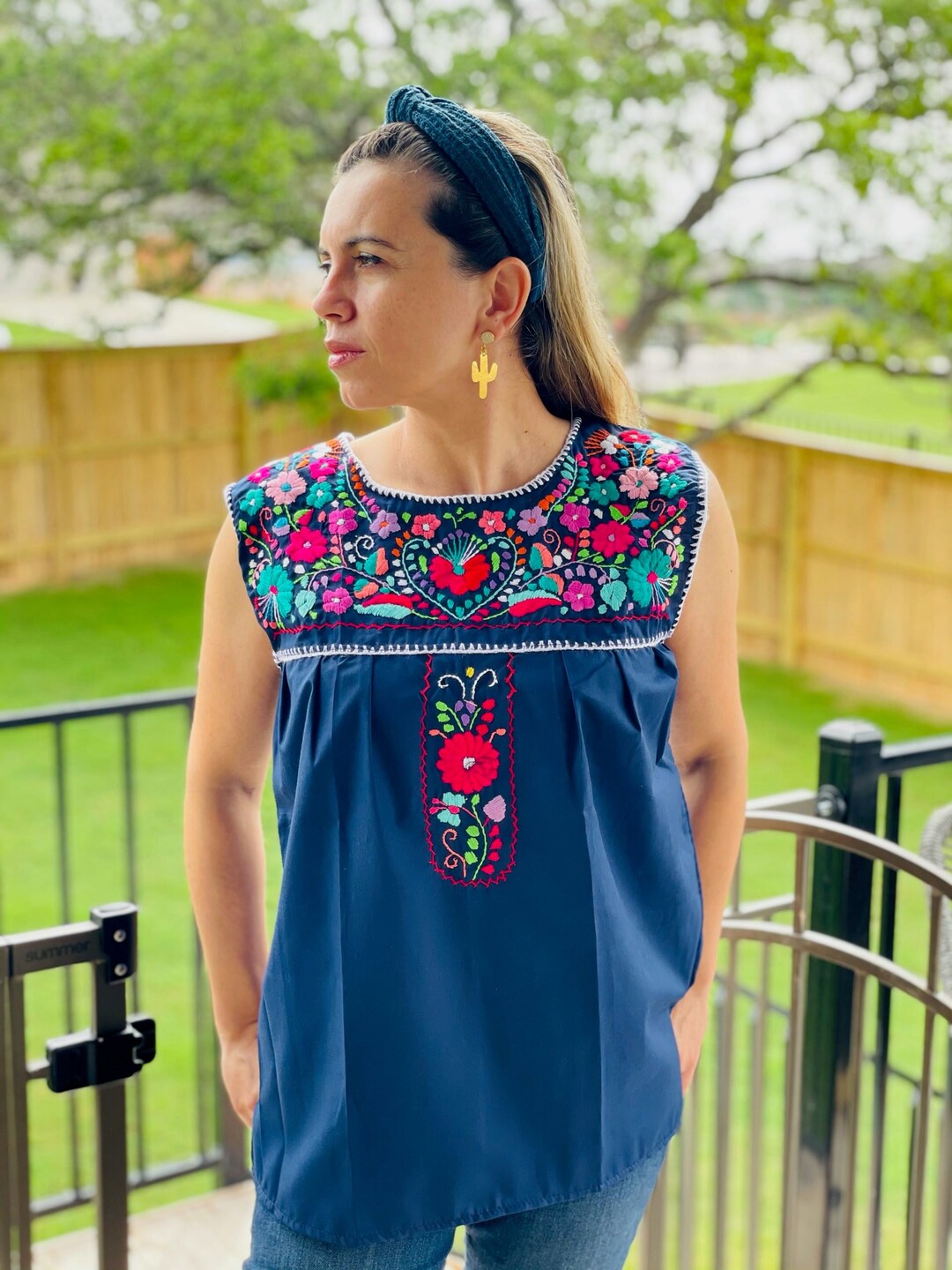 Handmade Mexican Embroidered Sleeveless Navy Blouse - From Mexico ...