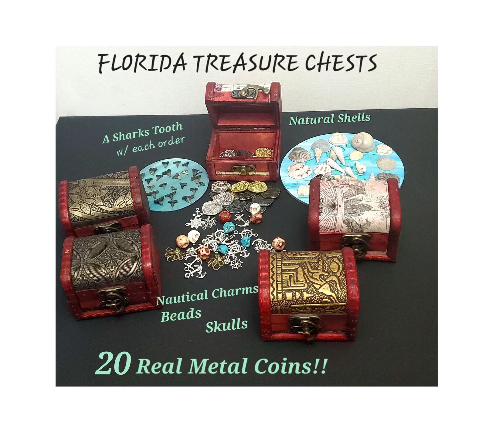 Deluxe Pirate Treasure Chest Kit: Metal Coins, Shark Teeth, Sea ...