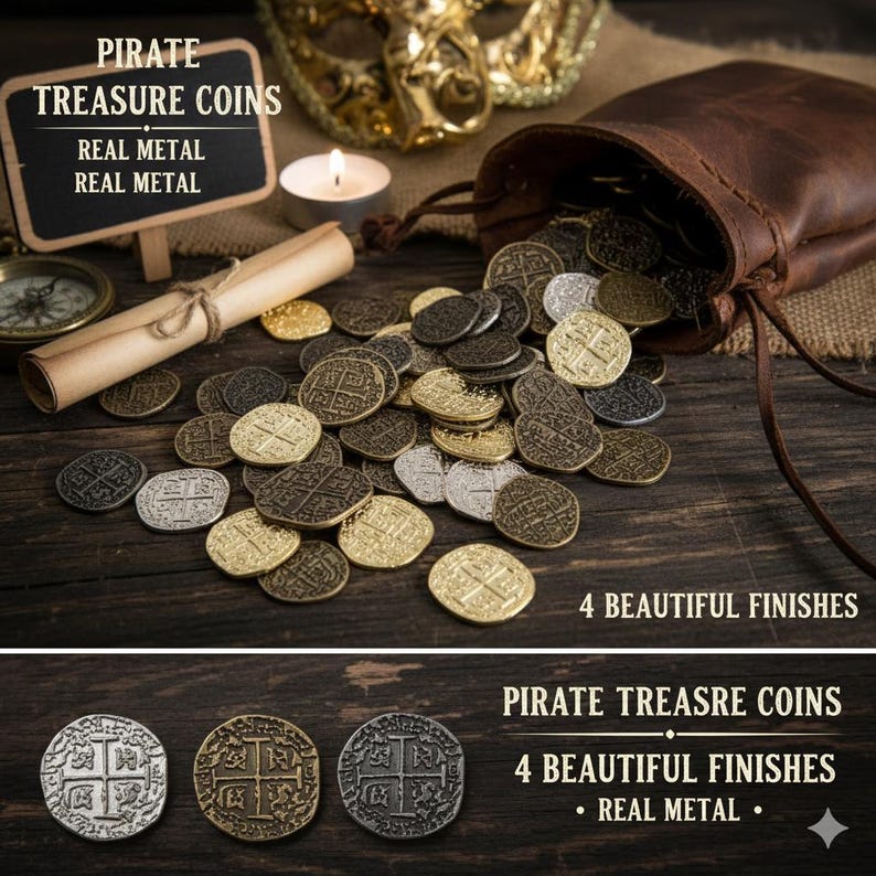 Sack Pirate Treasure! Real Metal Coins, 4 Finishes, Shark Tooth ...
