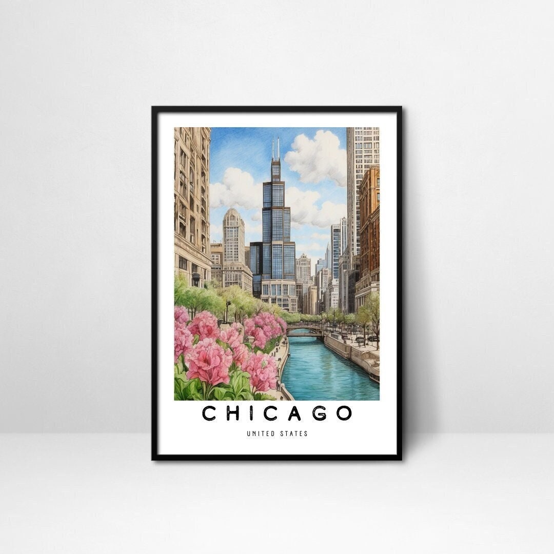 CHICAGO Downtown in Spring Color Sketch Art Printable, CHICAGO Travel ...
