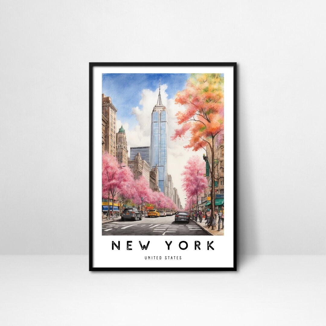 New York in Spring Color Sketch Art Printable, New York Travel Poster ...