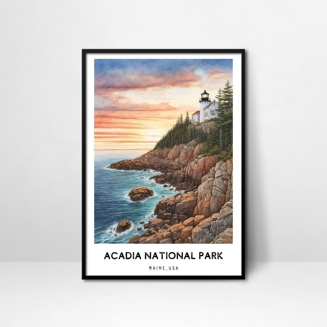 Acadia National Park Art Printable, National Park Travel Poster Digital ...