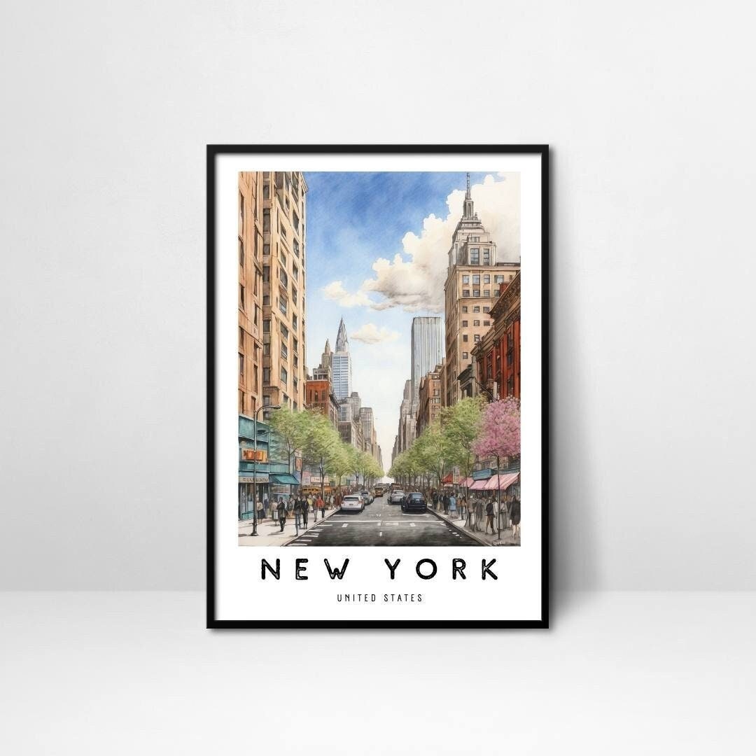 New York in Spring Color Sketch Art Printable, New York Travel Poster ...