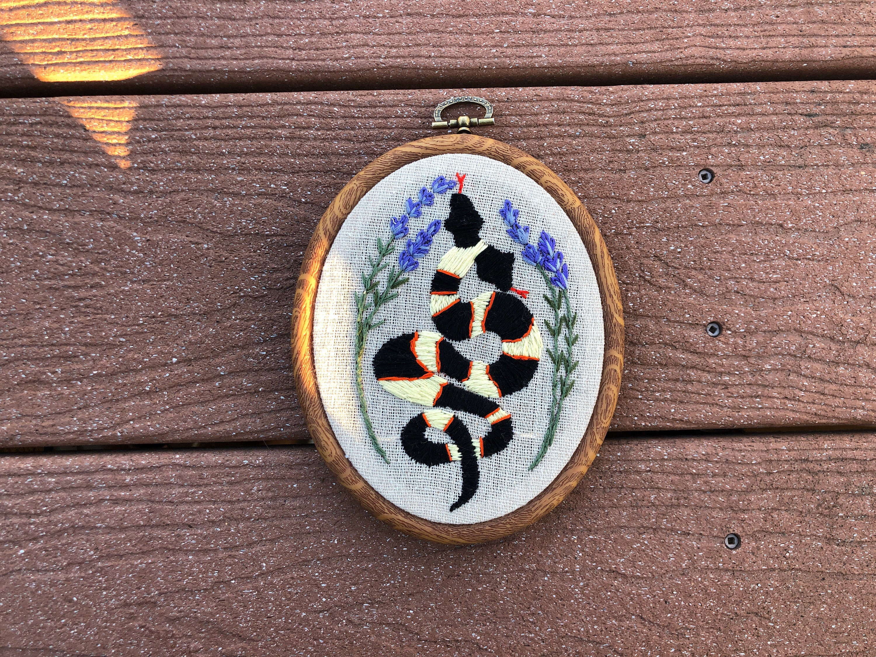 Two Headed Snake & Lavender Hand Embroidery Hoop Art, Hand Embroidered ...
