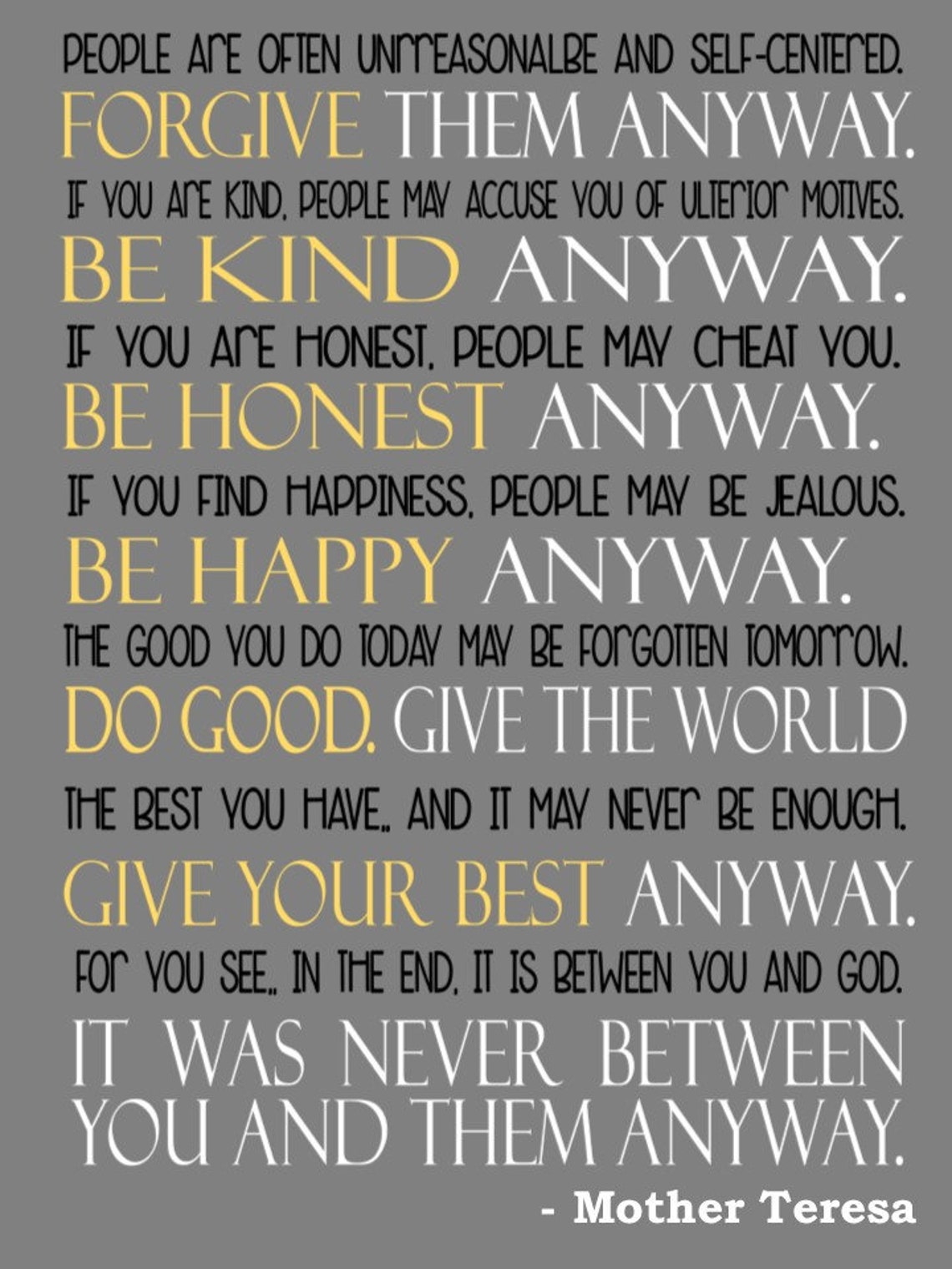 Mother Teresa Poem Canvas Inspirational Art Be Kind Be - Etsy