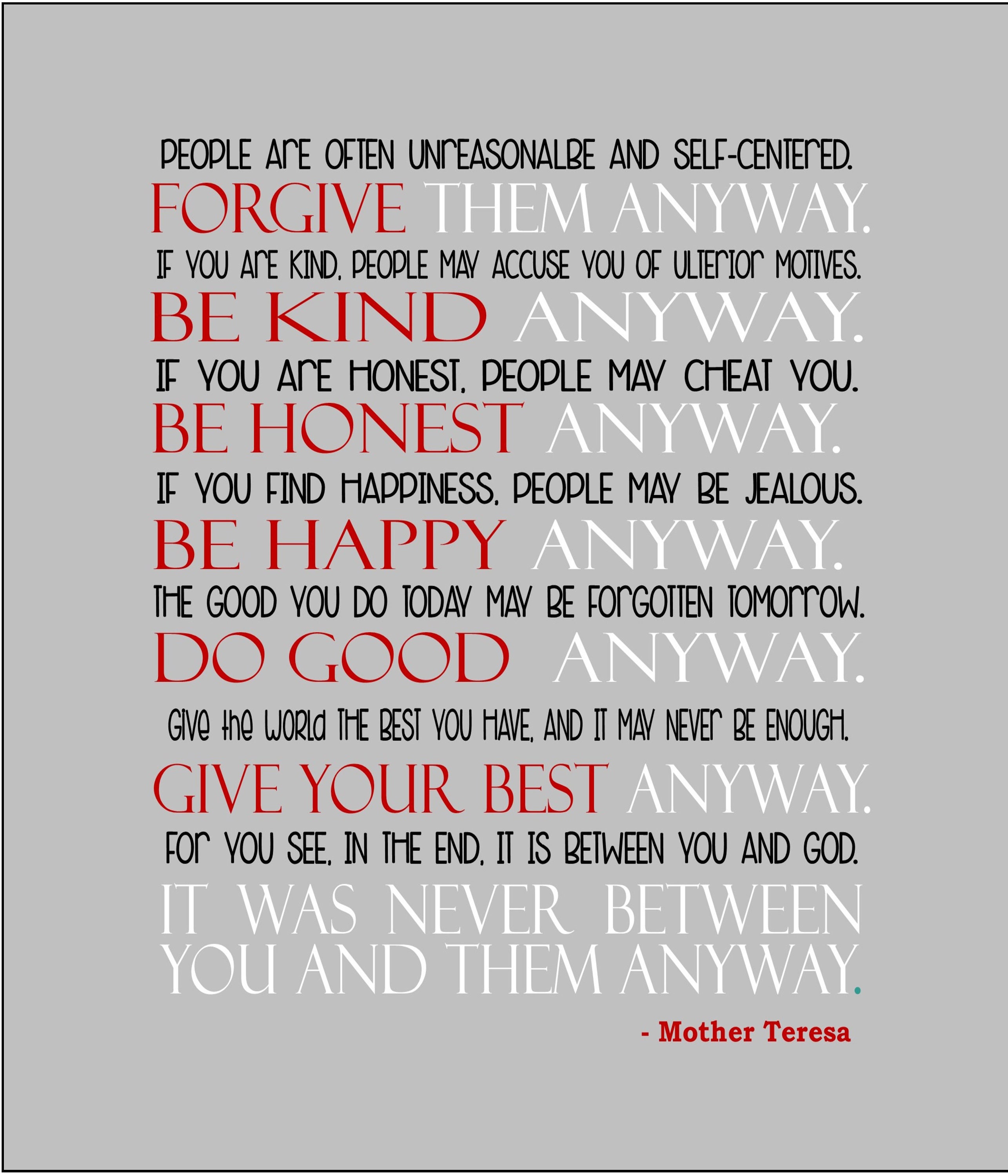 Mother Teresa Poem Canvas Inspirational Art Be Kind Be | Etsy