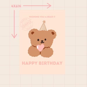 Printable Bear Birthday Card, Digital Birthday Card, Cute Bear Themed ...