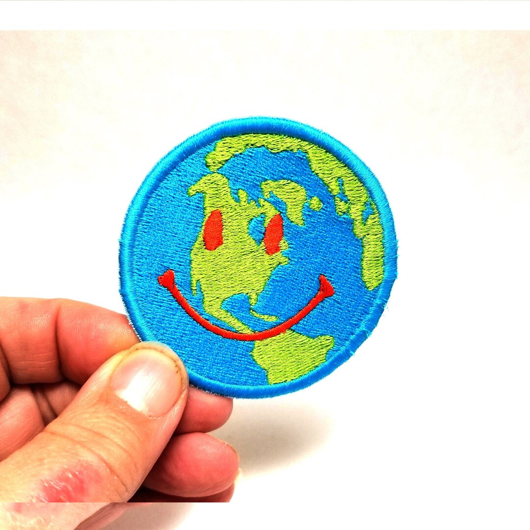 Smiley Face World Embroidered Patch - Back Patch - Backpack Patch ...