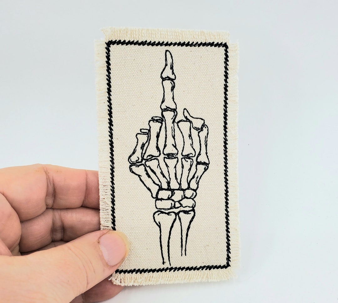 Flip off Skeleton Hand Embroidered Patch Canvas - Jean Jacket Patch ...