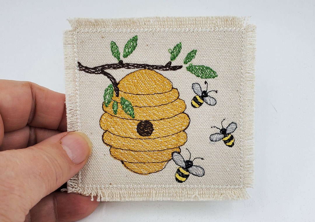 Bees With Hive Embroidered Patch Bee Canvas Patch - Bee Patch - Flowers ...