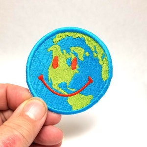 Smiley Face World Embroidered Patch - Back Patch - Backpack Patch ...