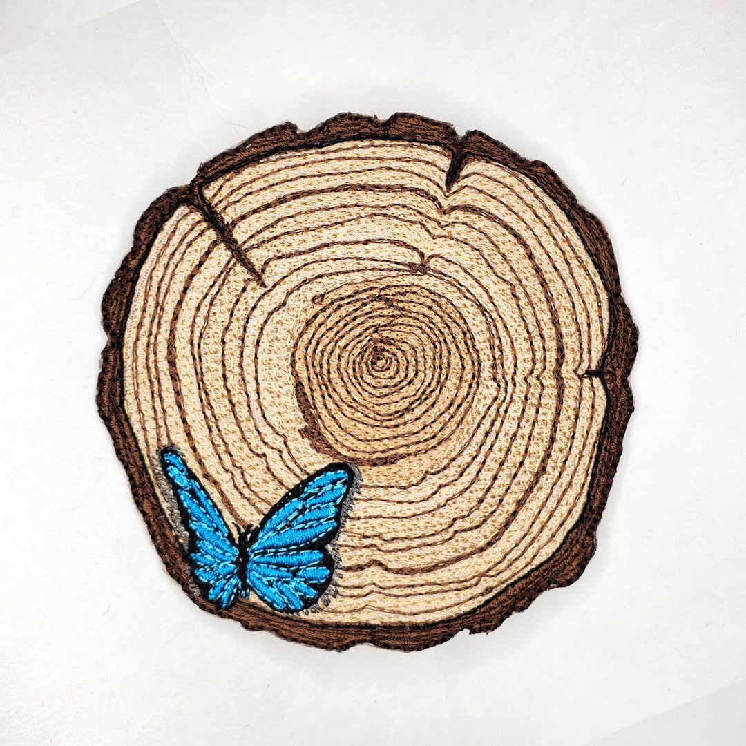 Plant Patch - Log Slice With Butterfly Embroidered Patch - Outdoors ...