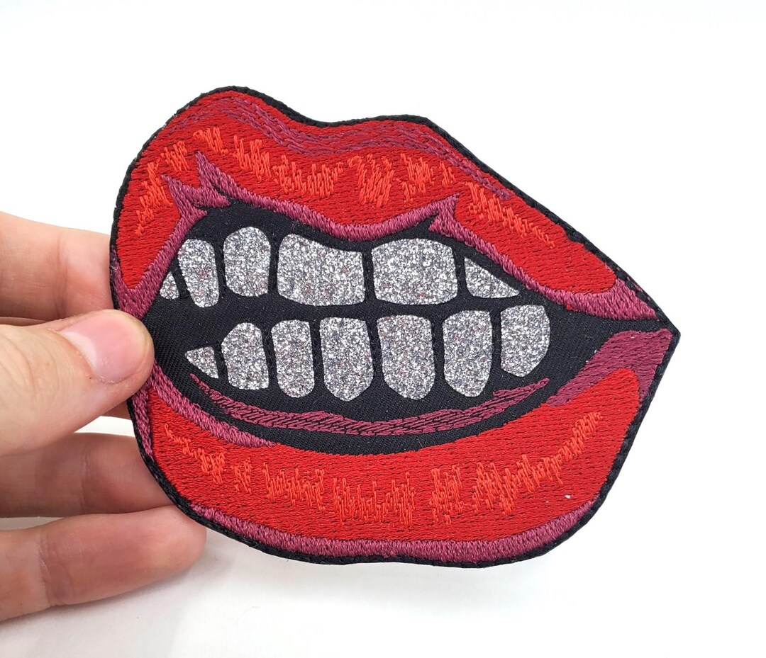 Lips Iron-on Patch, Sparkly Glitter Teeth Patch, Mouth Embroidery Patch ...